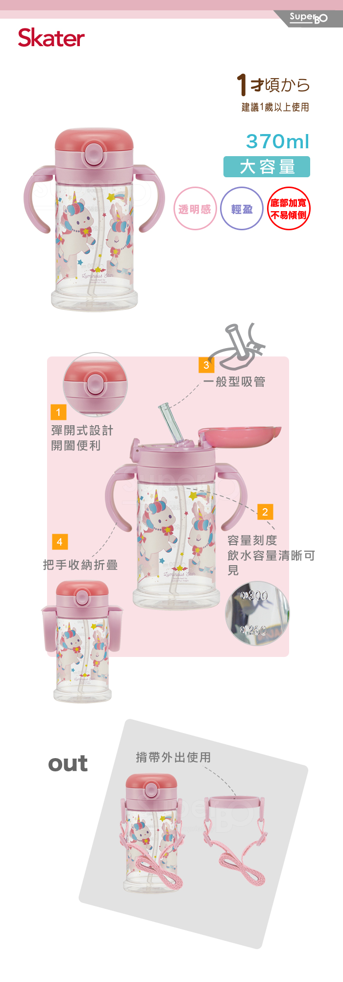 日本 SKATER - 寬底吸管杯(370ml)-獨角獸｜媽咪愛